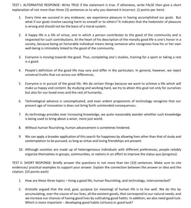 TEST I. ALTERNATIVE RESPONSE: Write TRUE if the | Chegg.com