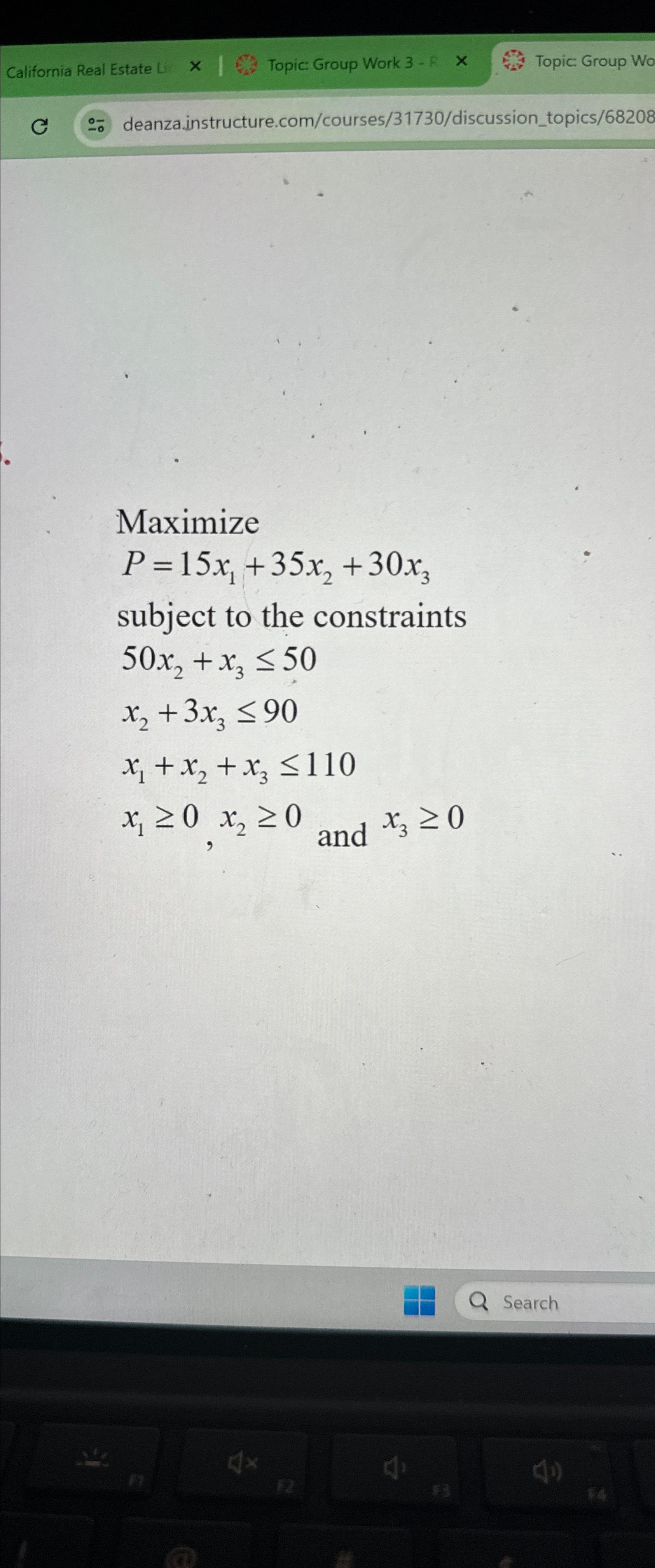 Solved MaximizeP=15x1+35x2+30x3subject to the | Chegg.com