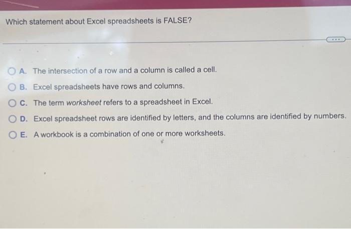 Solved Which statement about Excel spreadsheets is FALSE? | Chegg.com