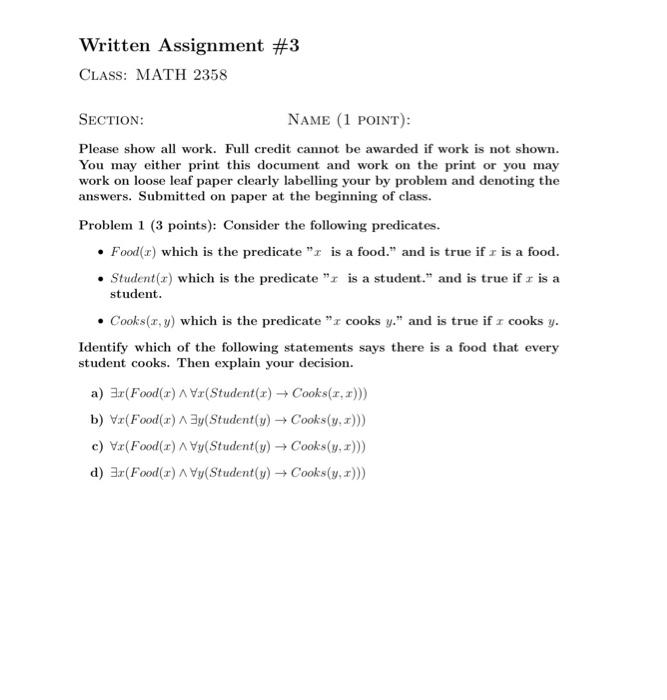 Solved Written Assignment #3 CLASS: MATH 2358 NAME (1 | Chegg.com