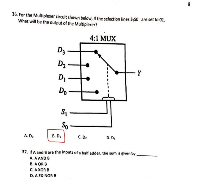 Solved 36. For the Multiplexer circuit shown below, If the | Chegg.com
