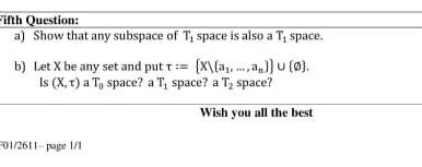 Solved ifth Question: a) Show that any subspace of T1 space | Chegg.com