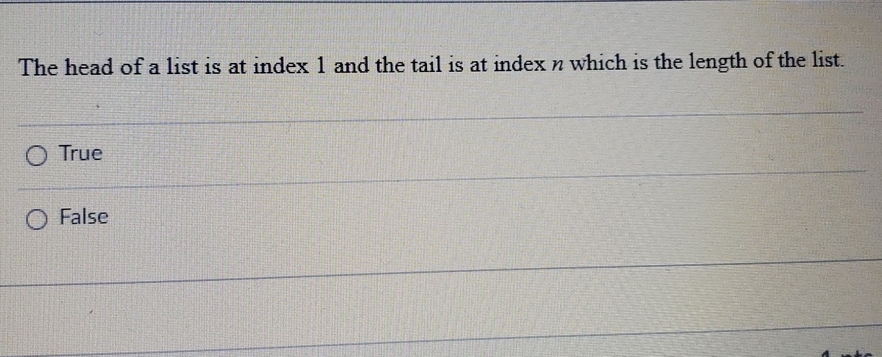 Solved The head of a list is at index 1 ﻿and the tail is at | Chegg.com