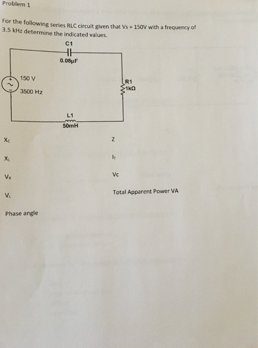 Solved Problem 1 For the following series RLC circuit given | Chegg.com