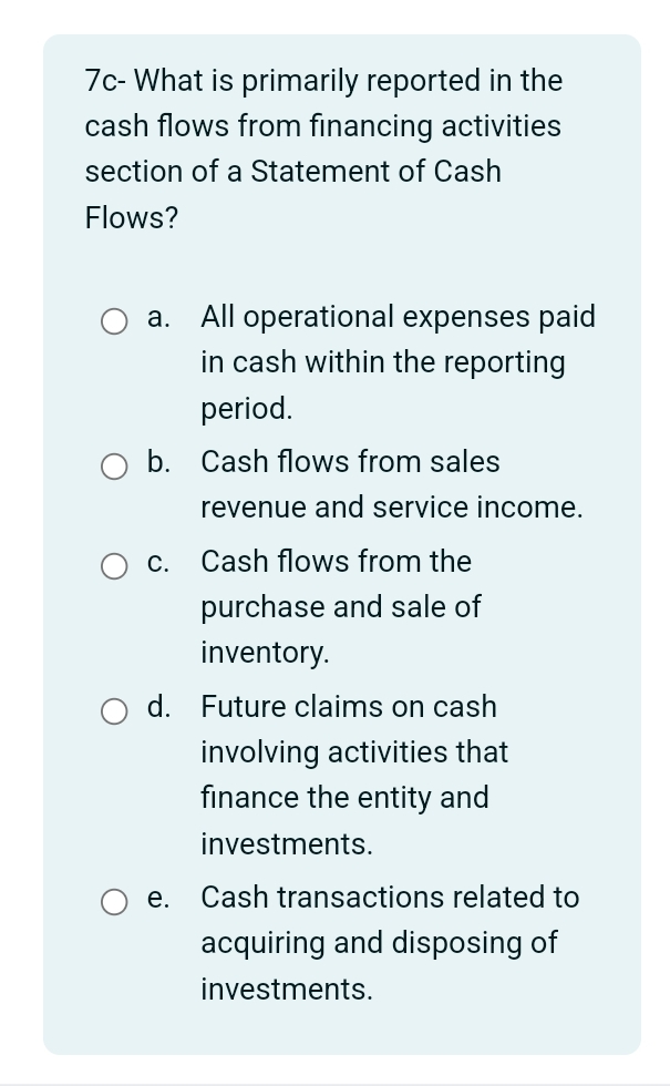 Solved 7c- ﻿What is primarily reported in the cash flows | Chegg.com