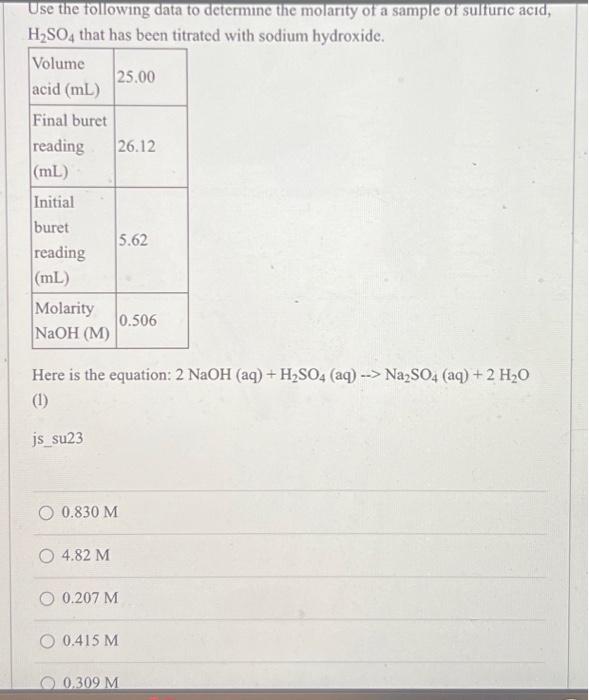 Solved Use the following data to determine the molarity of a | Chegg.com