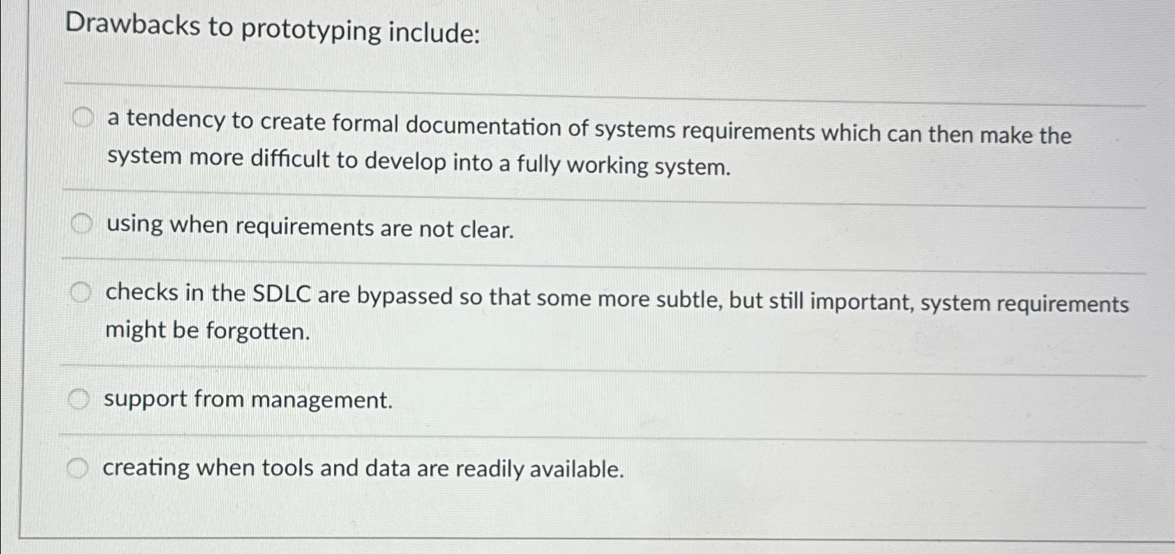 Solved Drawbacks to prototyping include:a tendency to create | Chegg.com