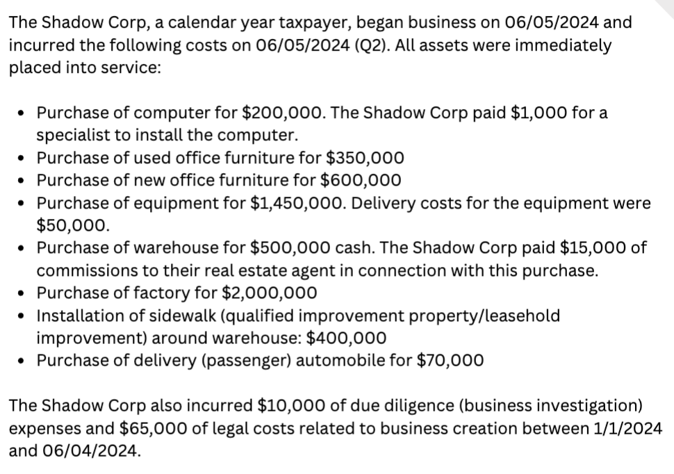 The Shadow Corp, a calendar year taxpayer, began | Chegg.com