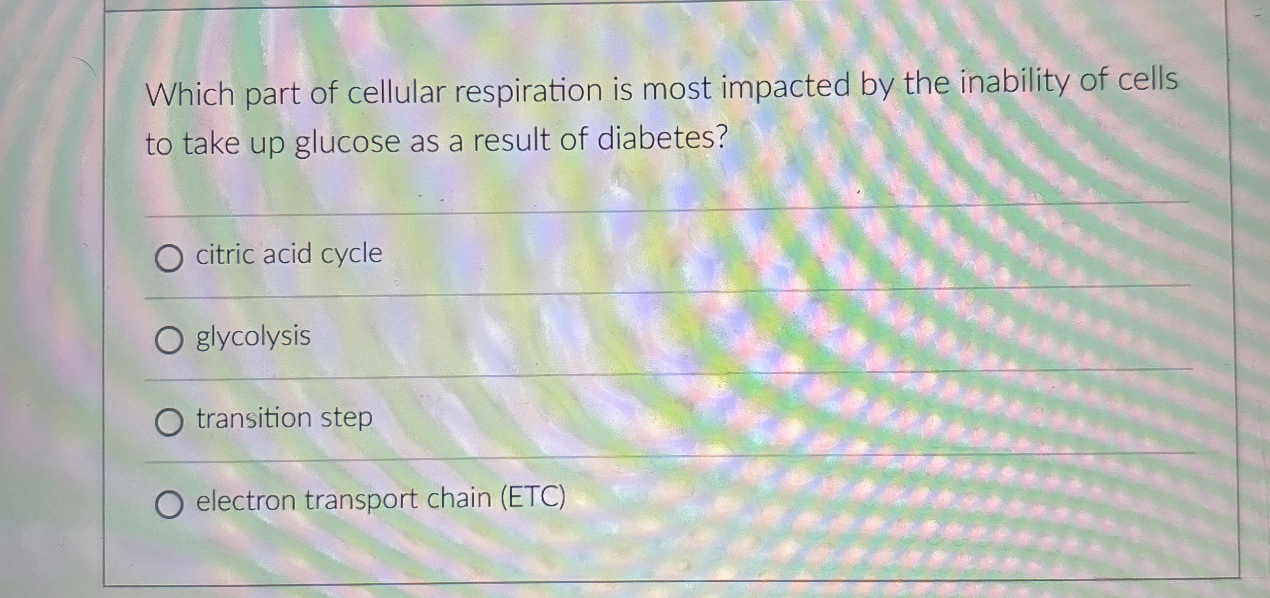 Solved Which part of cellular respiration is most impacted | Chegg.com