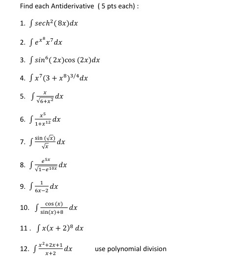 Solved Find each Antiderivative (5 pts each): 1. S sech? | Chegg.com