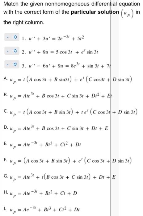 Solved Match the given nonhomogeneous differential equation | Chegg.com