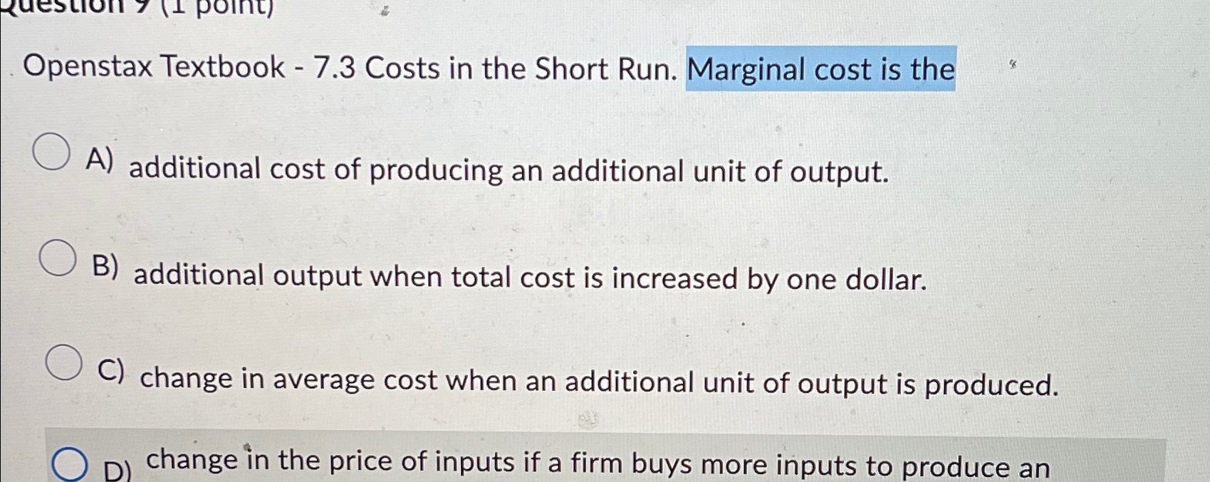 Solved Openstax Textbook - 7.3 ﻿Costs in the Short Run. | Chegg.com