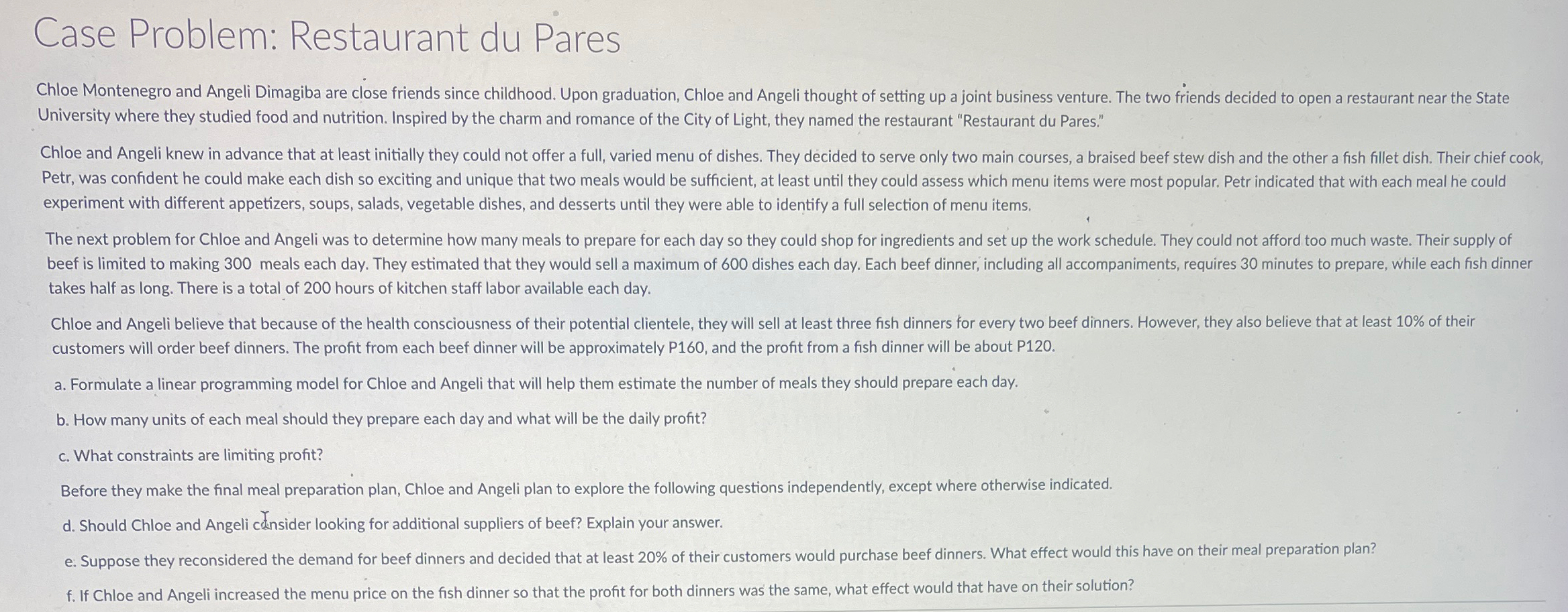 Solved Case Problem: Restaurant du ParesChloe Montenegro and | Chegg.com