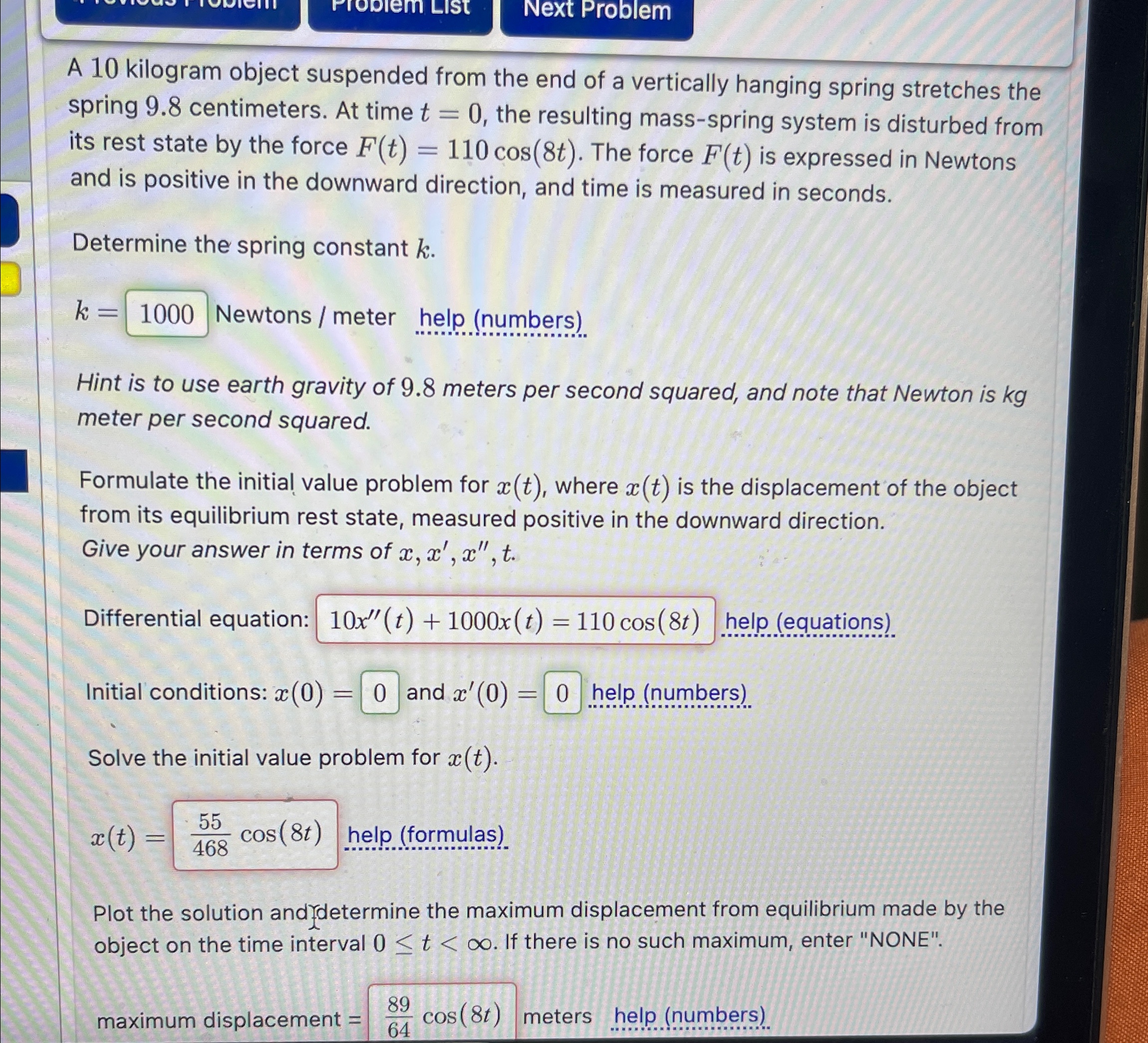 Solved Next ProblemA 10 ﻿kilogram object suspended from the | Chegg.com