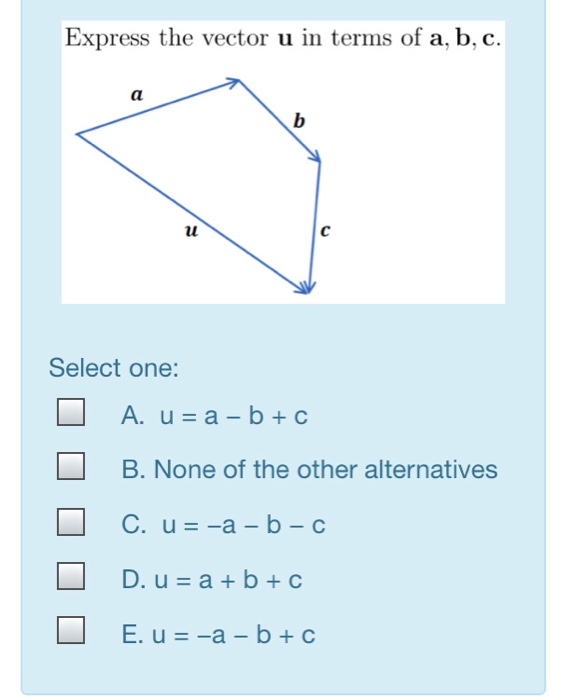 Solved Express the vector u in terms of a, b, c. a b u с | Chegg.com