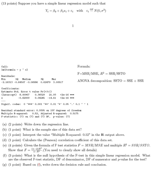 Solved (13 points) Suppose you have a simple linear | Chegg.com