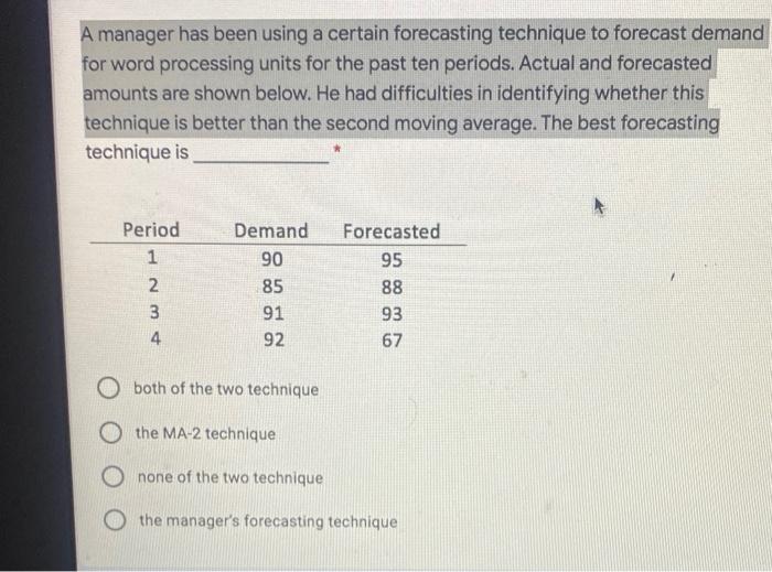 Solved A manager has been using a certain forecasting | Chegg.com