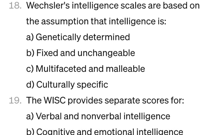 Solved Wechsler's intelligence scales are based on the | Chegg.com