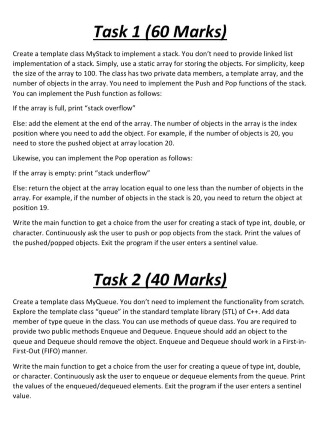 Solved Task 1 60 Marks Create A Template Class Mystack To 