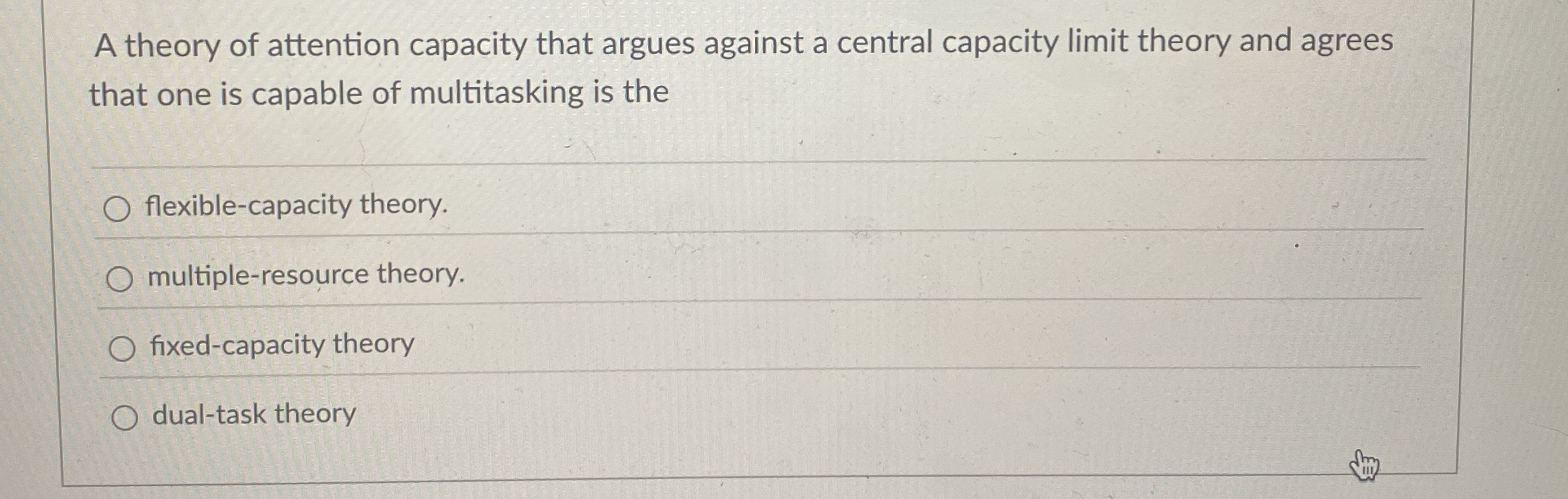 Solved A theory of attention capacity that argues against a | Chegg.com