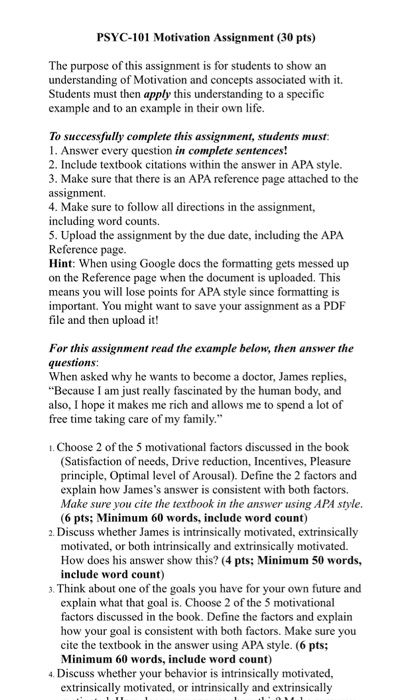 PSYC-101 Motivation Assignment (30 pts) The purpose | Chegg.com