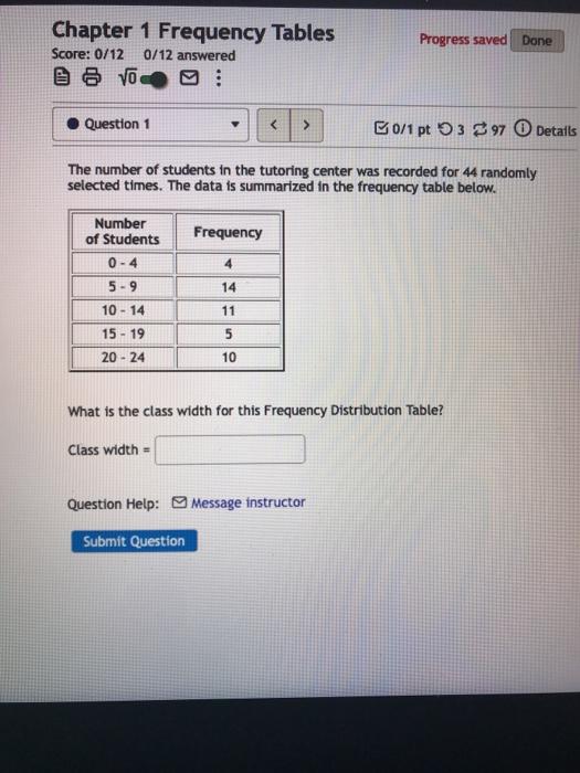 Solved Chapter 1 Frequency Tables Progress saved Done Score: | Chegg.com