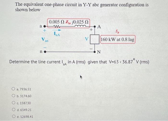 Solved The equivalent one-phase circuit in Y-Y abc generator | Chegg.com
