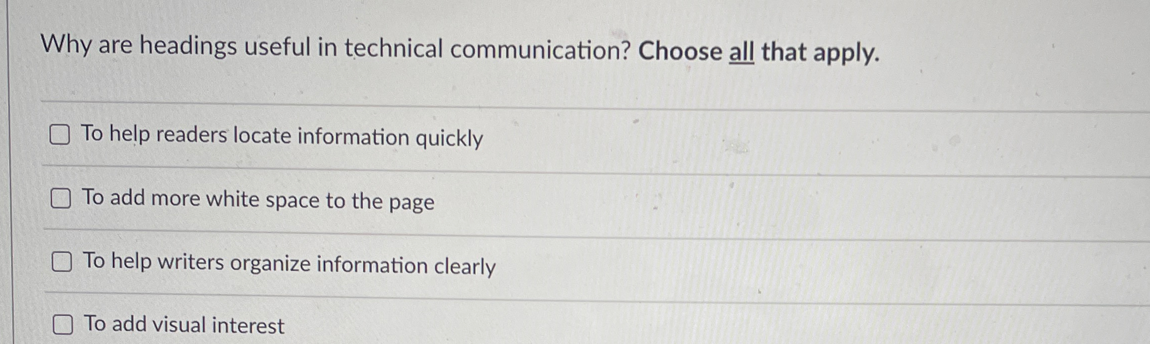 Solved Why are headings useful in technical communication? | Chegg.com