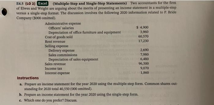 Solved E4.5 (LO 2) Excel (Multiple-Step and Single-Step | Chegg.com