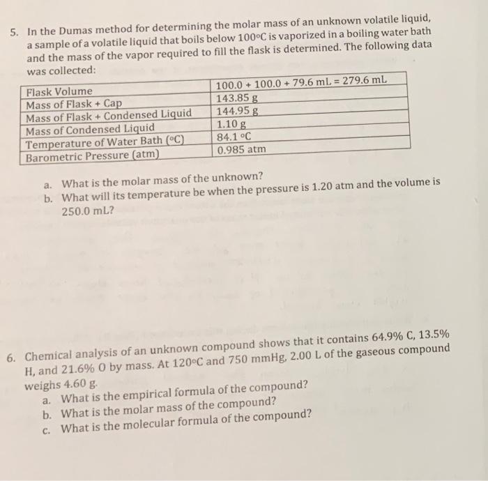 Solved 5. In the Dumas method for determining the molar mass | Chegg.com