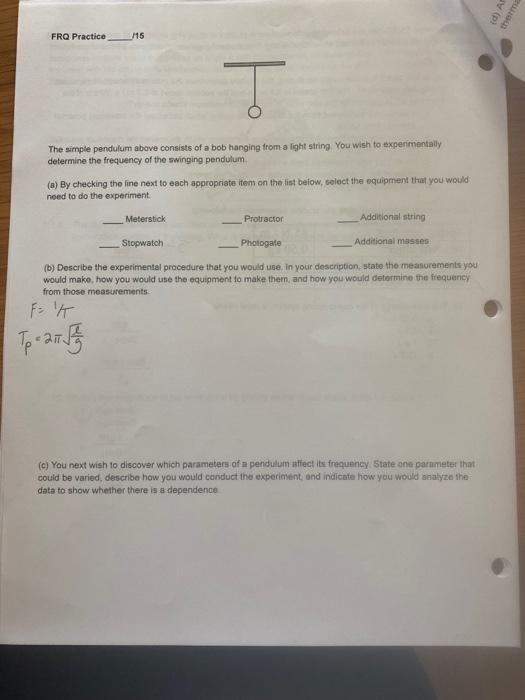 Solved FRQ Practice 115 The simple pendulum above consists | Chegg.com