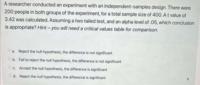 Solved A researcher conducted an experiment with an | Chegg.com