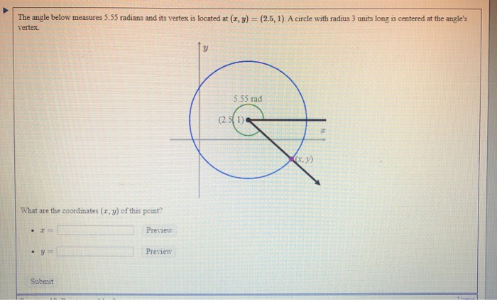 Solved The angle below measures 5.55 radians and its vertex | Chegg.com