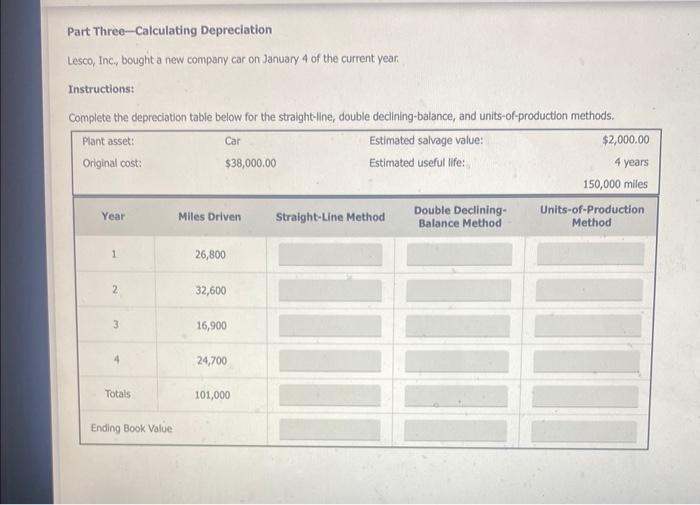 Solved Part Three-Calculating Depreciation Lesco, Inc. | Chegg.com