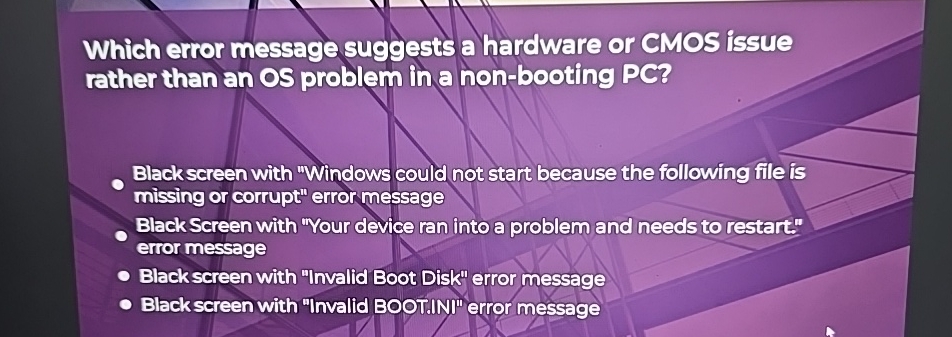 Solved Which error message suggest's a hardware or CMOS | Chegg.com
