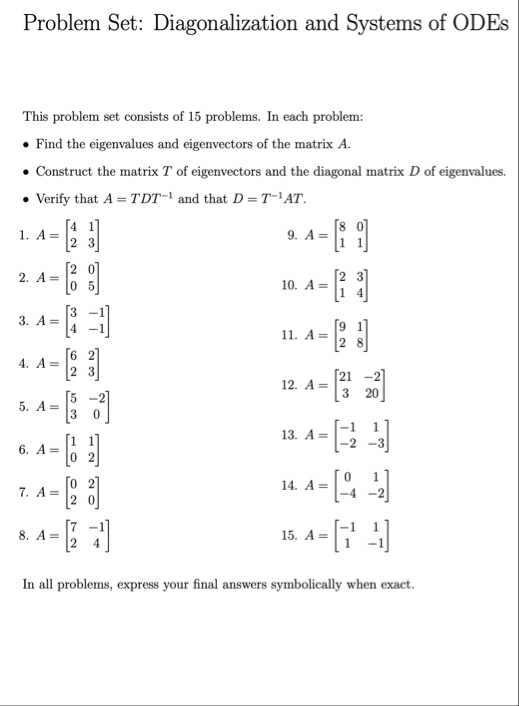 Problem Set: Diagonalization and Systems of ODEsThis | Chegg.com