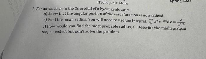 Solved 3. For an electron in the 2s orbital of a hydrogenic | Chegg.com