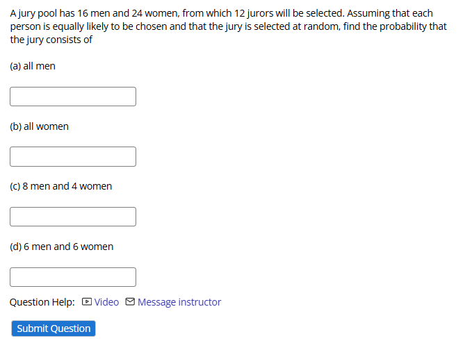 Solved A jury pool has 16 ﻿men and 24 ﻿women, from which 12 | Chegg.com