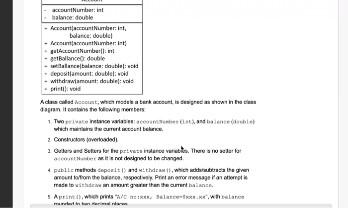 Solved account Number: int balance: double + Account | Chegg.com