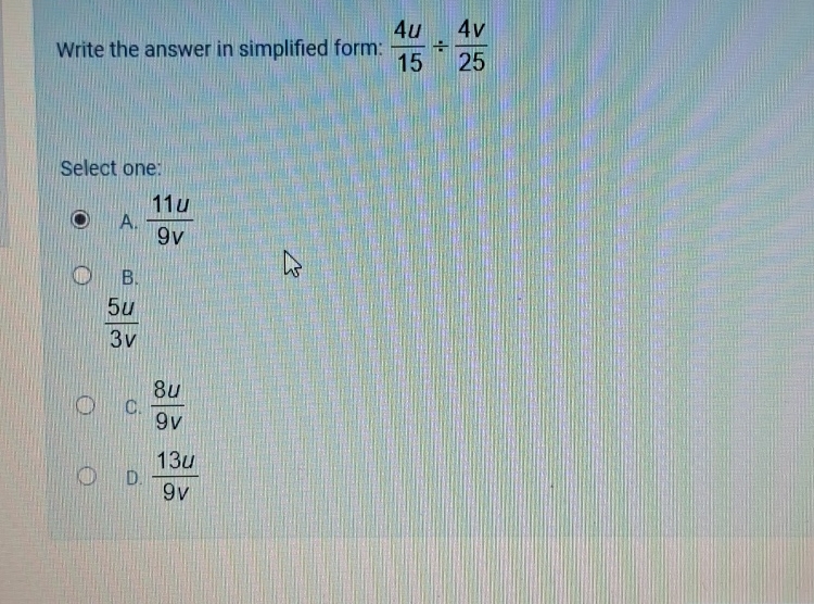 Solved Write the answer in simplified form: 4u15÷4v25Select | Chegg.com