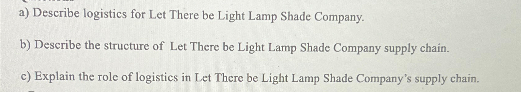 Solved a) ﻿Describe logistics for Let There be Light Lamp | Chegg.com