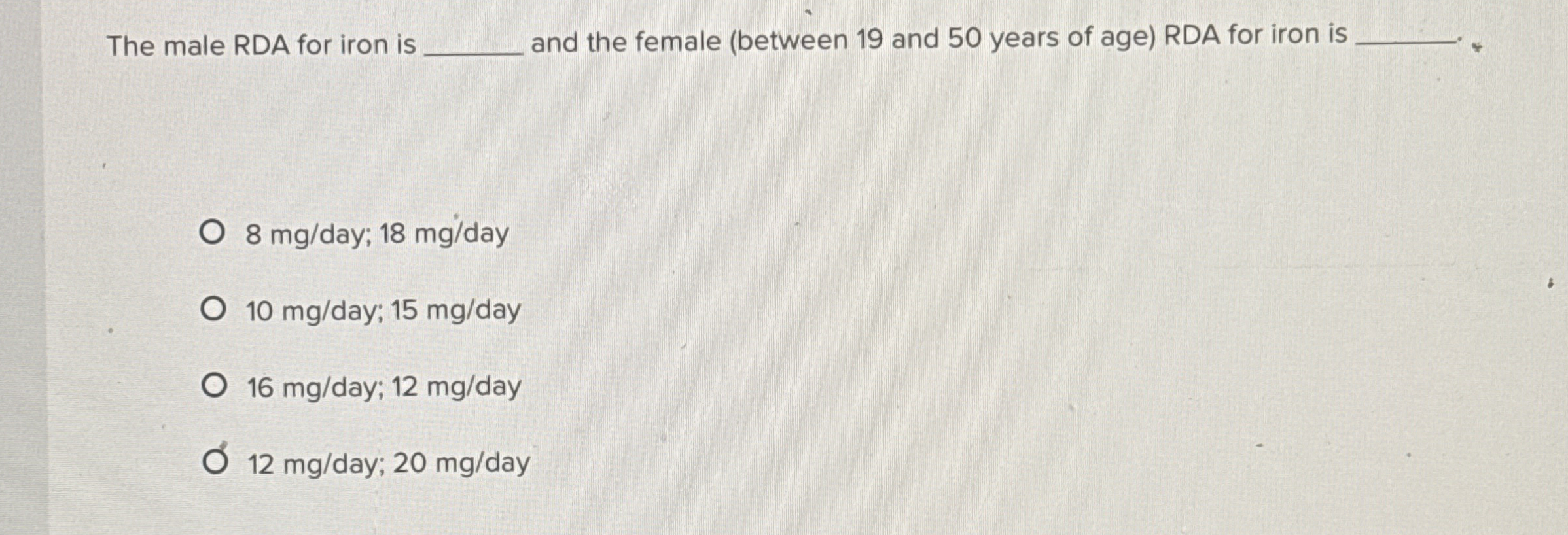 Solved The male RDA for iron is q, ﻿and the female (between | Chegg.com