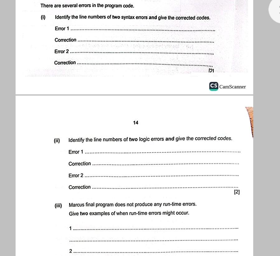 Solved 14 (ii) Identify the line numbers of two logic errors | Chegg.com