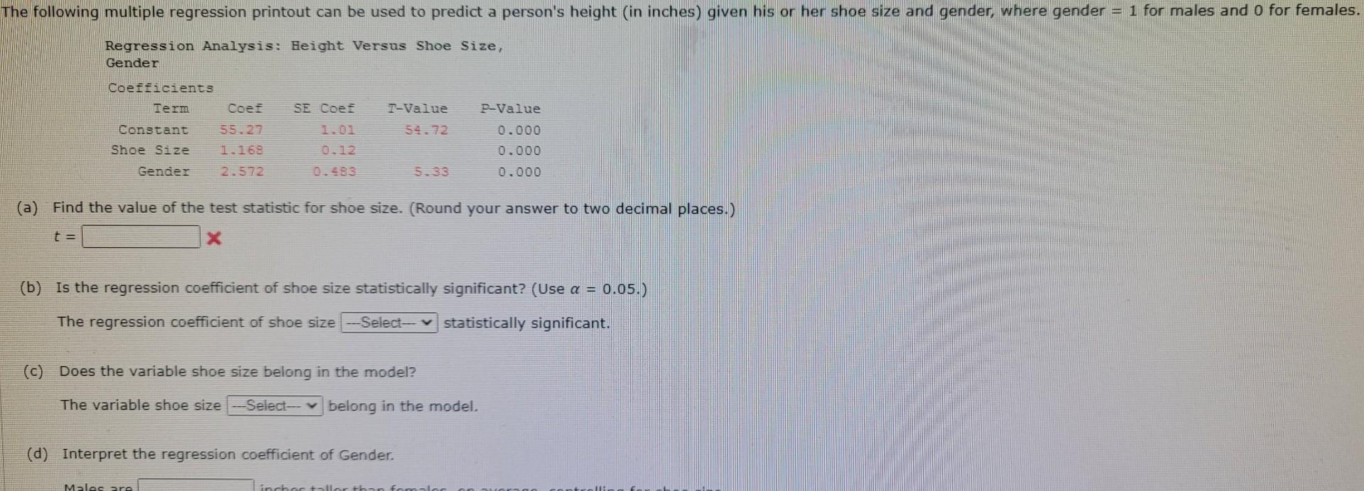 Solved Regression Analysis: Height Versus Shoe Size, Gender | Chegg.com