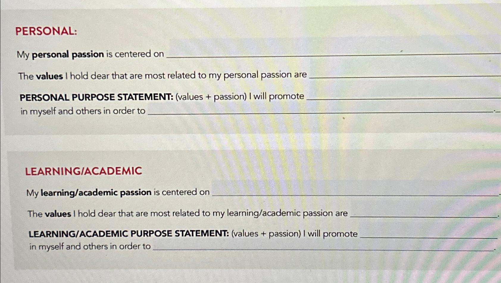 Solved PERSONAL:My personal passion is centered onThe values | Chegg.com