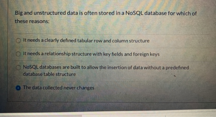 Solved Big and unstructured data is often stored in a NoSQL | Chegg.com