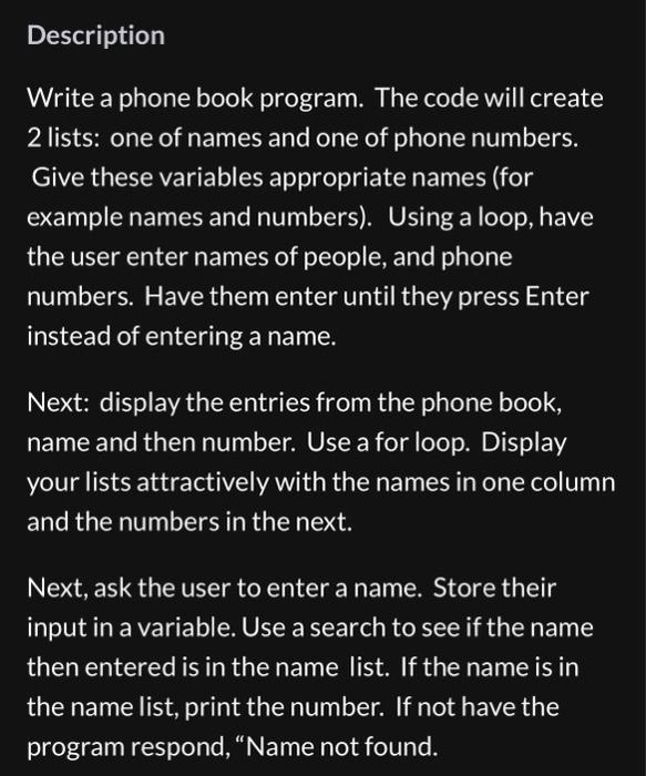 Solved Description Write a phone book program. The code will | Chegg.com