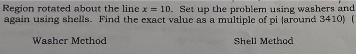 Solved Region rotated about the line x = 10. Set up the | Chegg.com