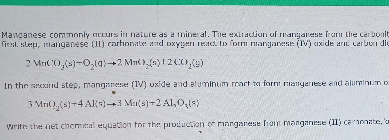 Solved Manganese commonly occurs in nature as a mineral. The | Chegg.com