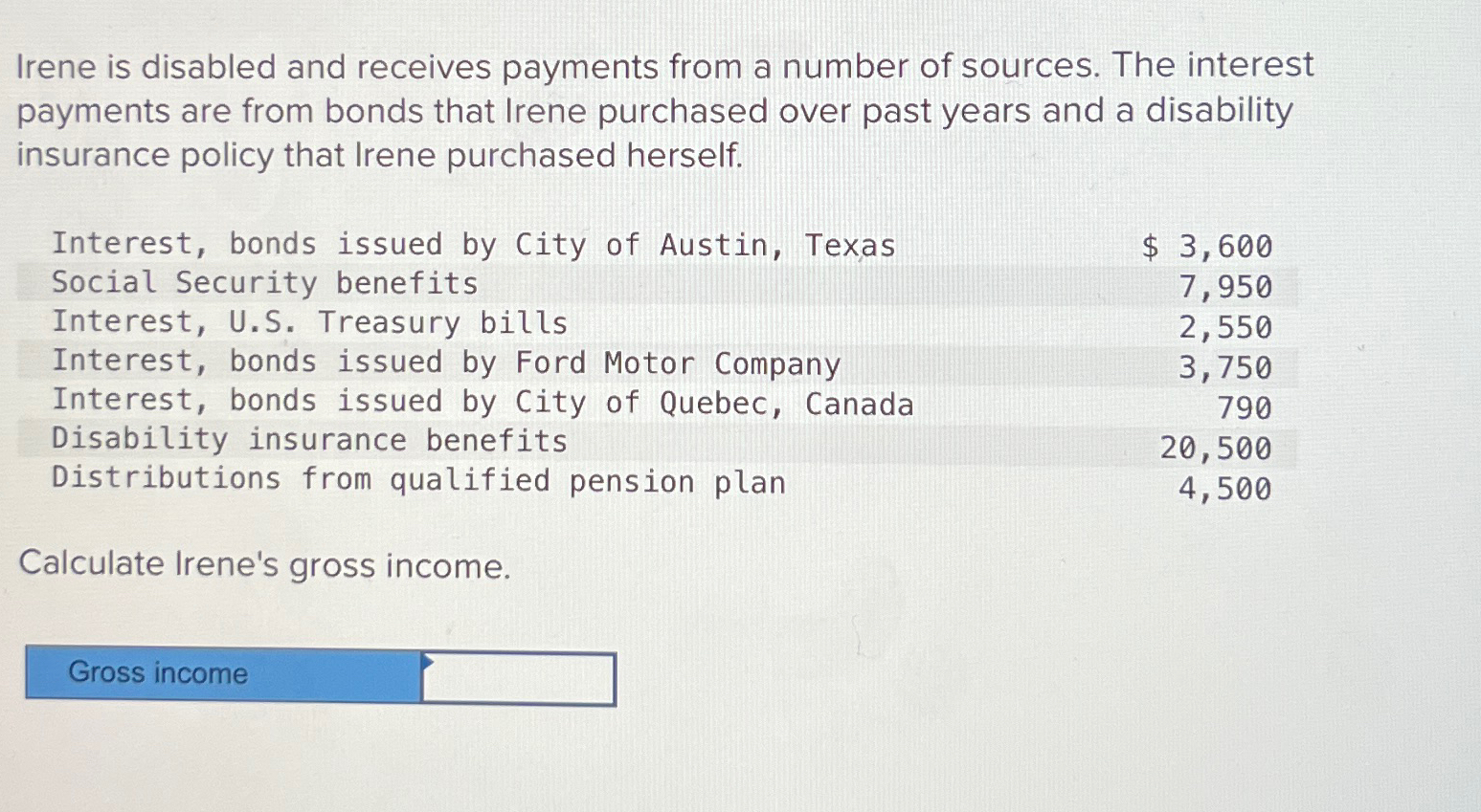 Solved Irene is disabled and receives payments from a number | Chegg.com